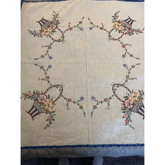 Kitchen | Vintage Embroidered Square Tablecloth Flowers Baskets Crochet ...